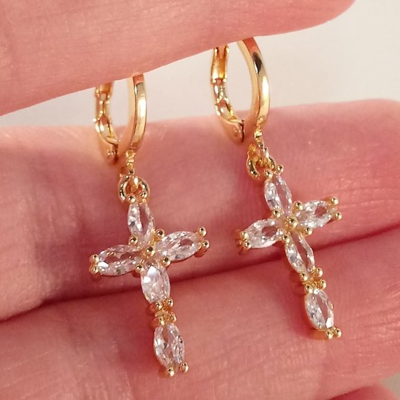 Jewelry | 18k Yellow Gold Filled Diamond Zircon Cross Dangle Earrings ...